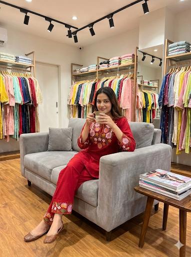 Ruby Red Floral Embroidered Co-ord Set – Libas Kurti